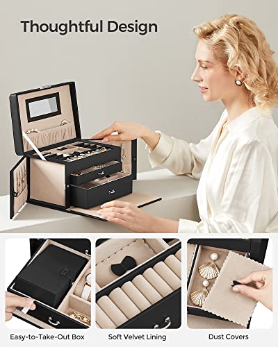 SONGMICS Jewelry Box 3 Layers, Jewelry Organizer with 2 Drawers, Jewelry Case with Portable Travel Case, with Handle, Lockable, Jewelry Storage, Gift for Loved ones, Black UJBC121B