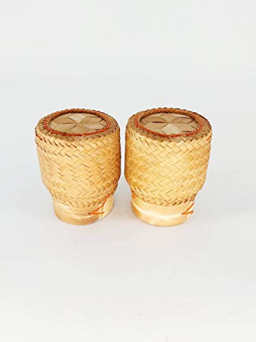 2 Sets of Mini Basket Size 8x8x11 cm. Handwoven Handmade Sticky Rice Serving Basket from Natural Bamboo