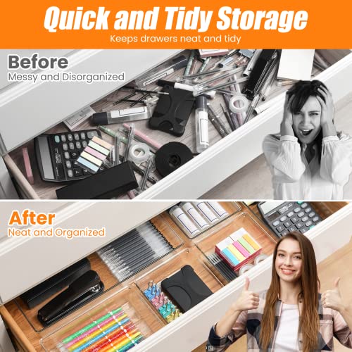 12 Pack Clear Plastic Drawer Organizer Set, Acrylic Non Slip Non Cracking Kitchen Drawer Storage Tray Large Size Divider, Multifunctional Storage for Cosmetics, Bathroom, Tools, Kitchen and Office
