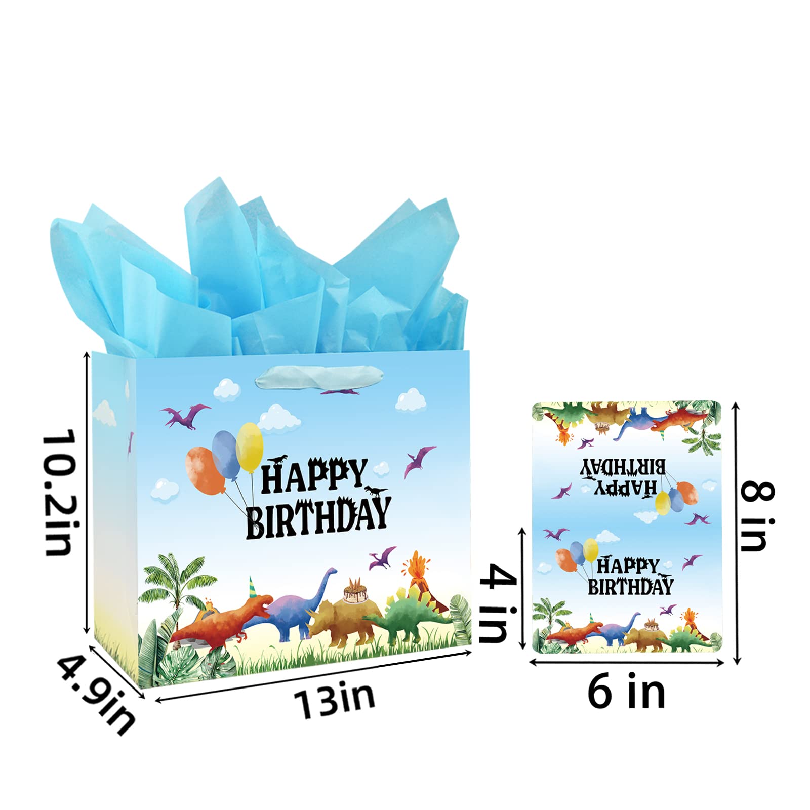 13" Large Watercolor Dinosaur Birthday Gift Bag for Boy Kids with Card and Tissue Papers