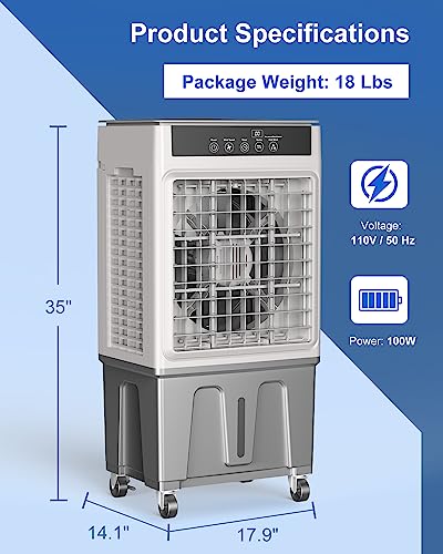 35’’ Portable Air Conditioner 3-IN-1 Evaporative Cooler, 30Ft Remote, 3 Speeds, 2800 CFM, 100 Degree Swing, 1050 sq. ft. coverage, 24H Timer, 6.8 Gallon Tank, 4 Ice Packs for Garage Patio Outdoor