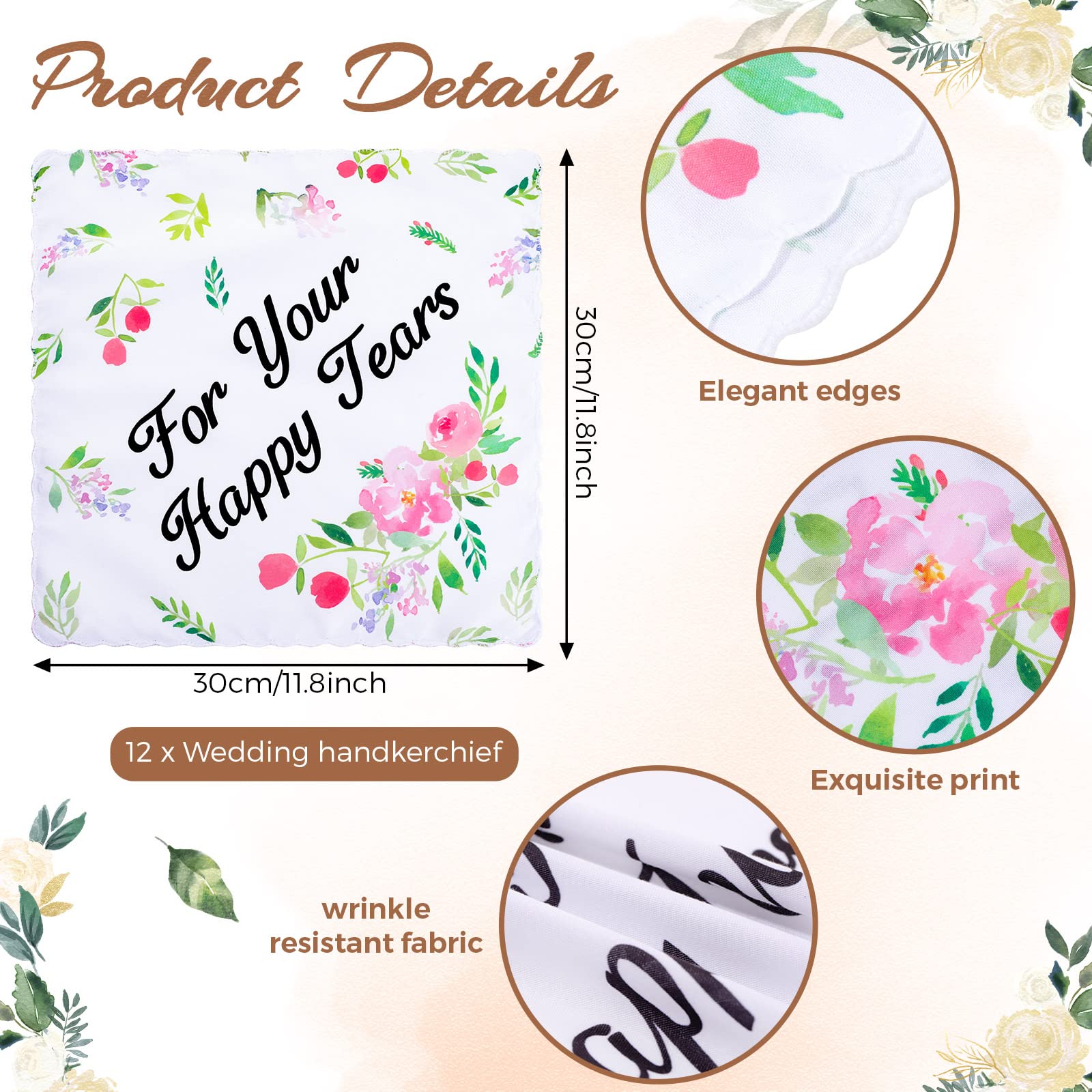 12PCS Wedding Handkerchiefs For Your Happy Tears Wedding Handkerchiefs with Scallop Lace Edges for Bride,Bridal Shower Wedding Day Gift (Fresh Style)