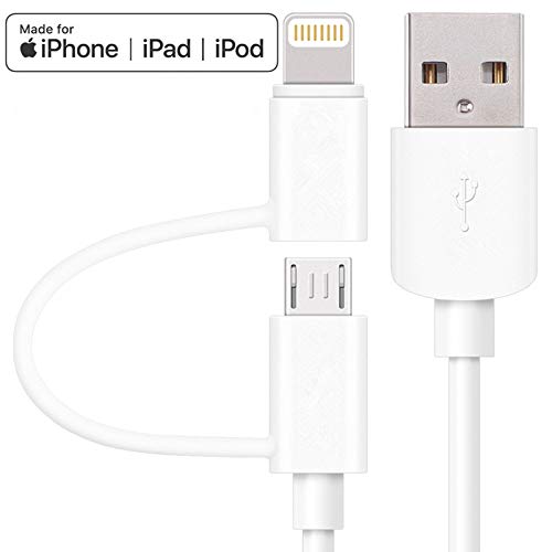 Apple MFi Certified 2 in 1 iPhone Charger Lightning Cable and Micro USB to USB Charger Cord, Compatible iPhone X, 8, 8 Plus,7 Plus, Android Data Cable 2 in 1 White(6FT)