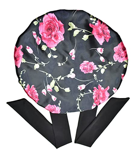 Extra Large Sleep Cap Satin Bonnet for Sleeping Long Hair Bonnet for Women Large Night Cap for Curly Hair XL Silk Bonnets (Black + Rose)