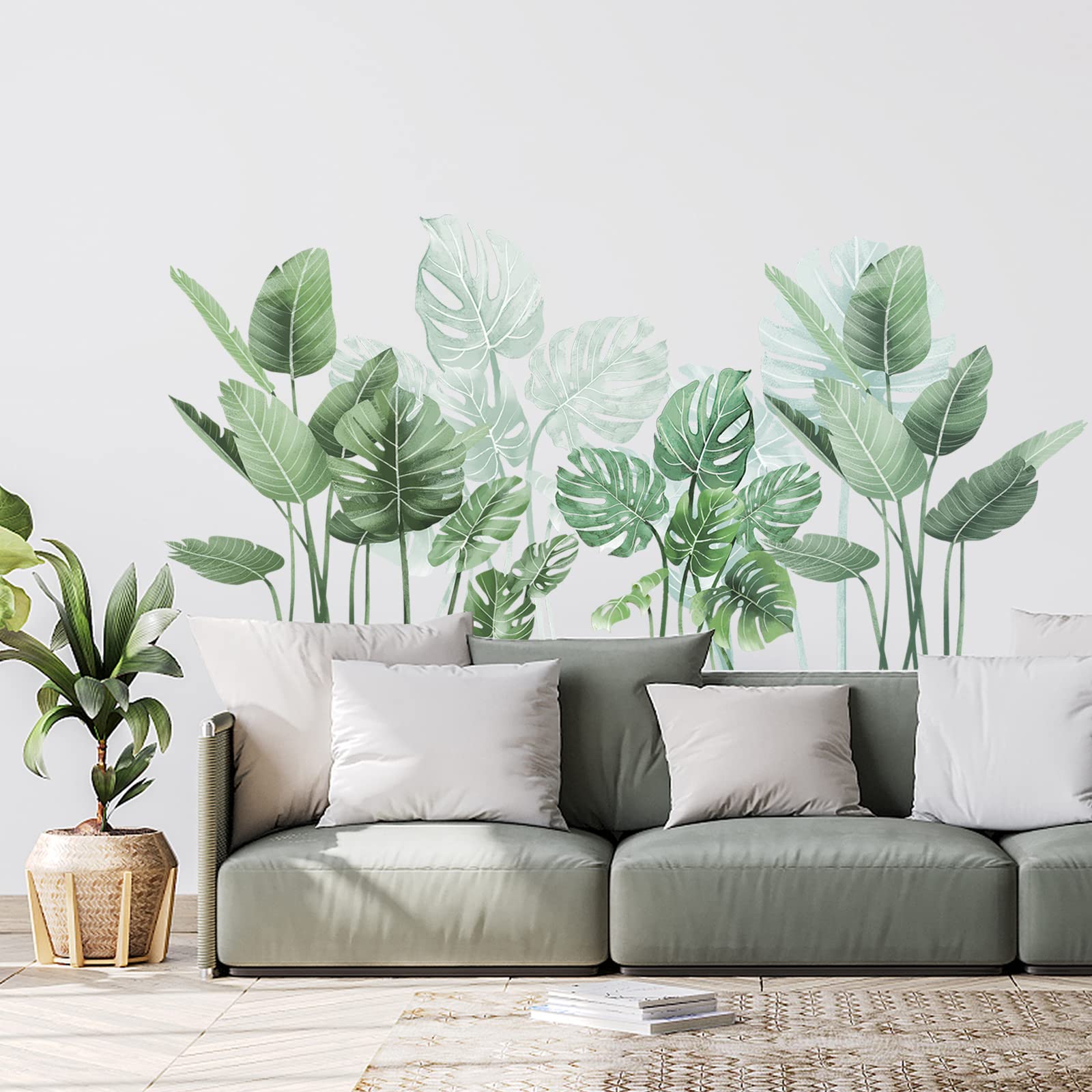 Tropical Green Plants Leaf Wall Stickers, ULENDIS Removable Nature Palm Tree Leaves Wall Decals, Creative Skirting Line Art Mural Decor for Kids Nursery Living Room Bedroom Kitchen