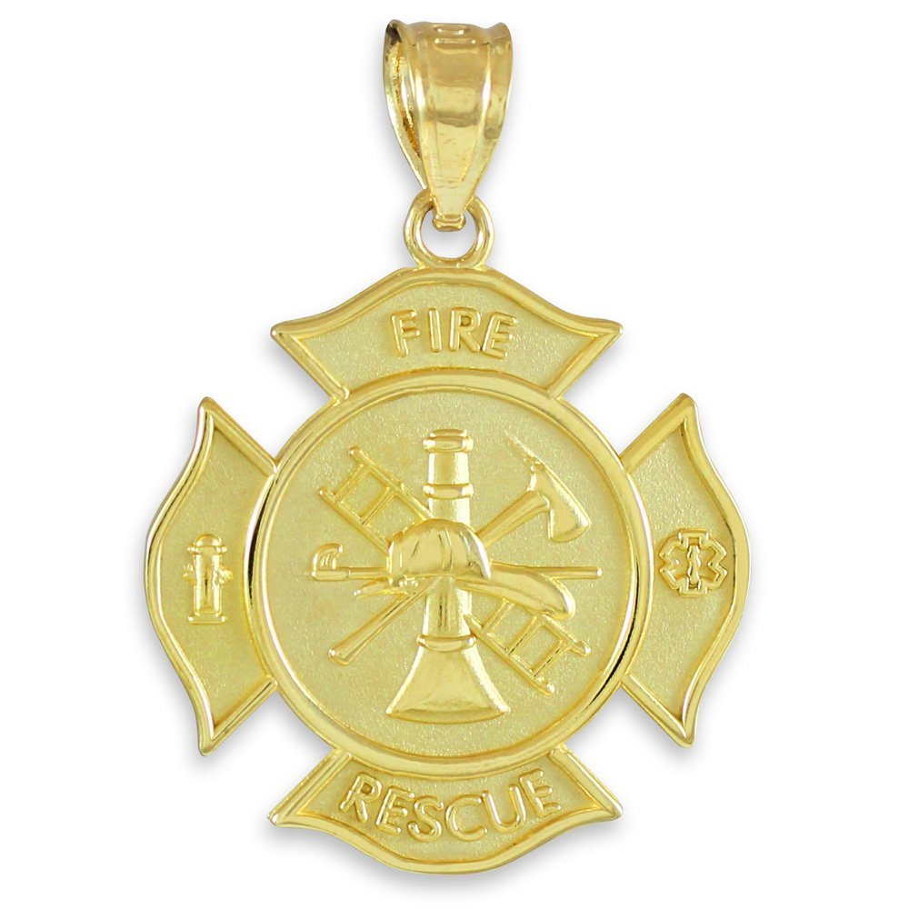 10k Gold Solid Badge Rescue Firefighter Pendant