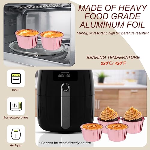 100Pcs Aluminum Foil Cupcake Cups Liner 3.5oz Non-Stick Mini Baking Cups Heat-Resistant Small Muffin Pie Liner with Lids and Spoons Reusable Dessert Cake Container for Home Kitchen (Rose Gold)