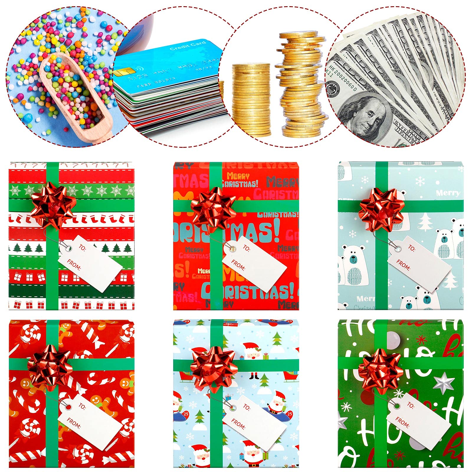 12 Pieces Christmas Gift Card Holder Boxes Set, Small Boxes for Christmas Presents with 12 Pieces Red Wrapping Bows,Colorful Christmas Boxes for Christmas Day Holidays Kids