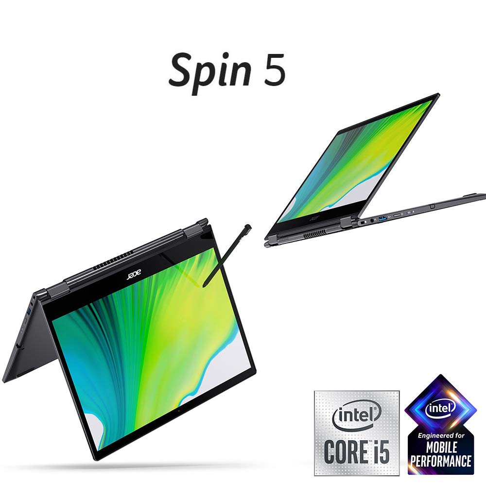 Acer Spin 5 SP513-54N-58XD Convertible Laptop-, 13.5' 2K IPS Touch, Intel i5-1035G4, 8GB LPDDR, 256GB SSD, Rechargeable Active, Windows 10 Pro Predator Rolltop Jr. Smoky White