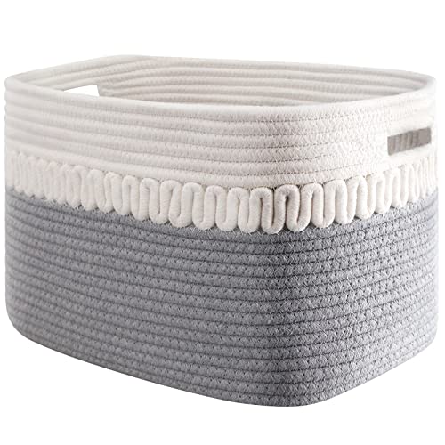 AROPEME Cotton Rope Basket | 15"x10"x9" Rectangle Woven Storage Basket for Toys Books Towels Shelves | Coiled Decorative Basket with Handle for Living Room Bathroom | Baby Nursery Bin, Grey