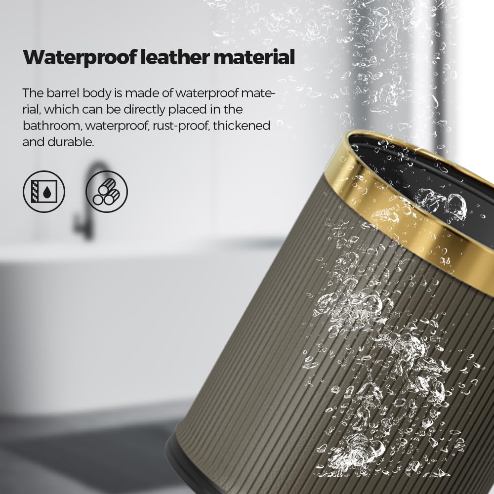 10L/2.6GAL Bathroom trash can without lid,Metal Waste Bin with Leather Cover,Open Top Office Wastebasket, Round Garbage Can for Bathrooms, Powder Rooms, Kitchens, Home, Office and and High-End Hotel