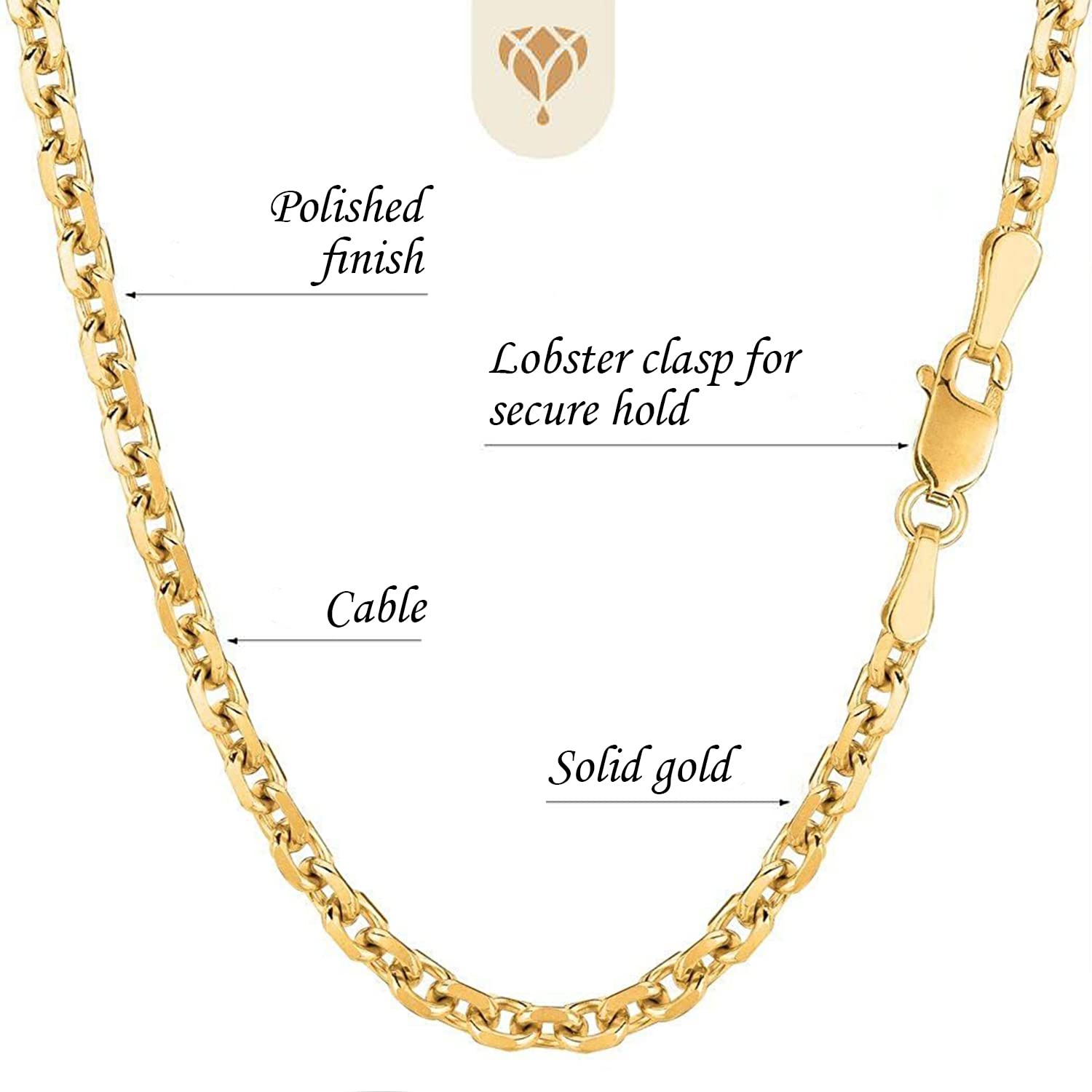 14k SOLID Yellow Gold 4.0mm Shiny Diamond Cut Cable Link Chain Necklace for Pendants and Charms with Lobster-Claw Clasp (18", 20", 22", or 24 inch)