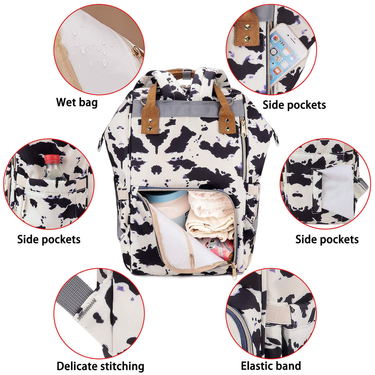 Cow Print Diaper Bag Backpack Set for Baby Girls Mom, Large Capacity Multi-Function Nappy Bags Organizer