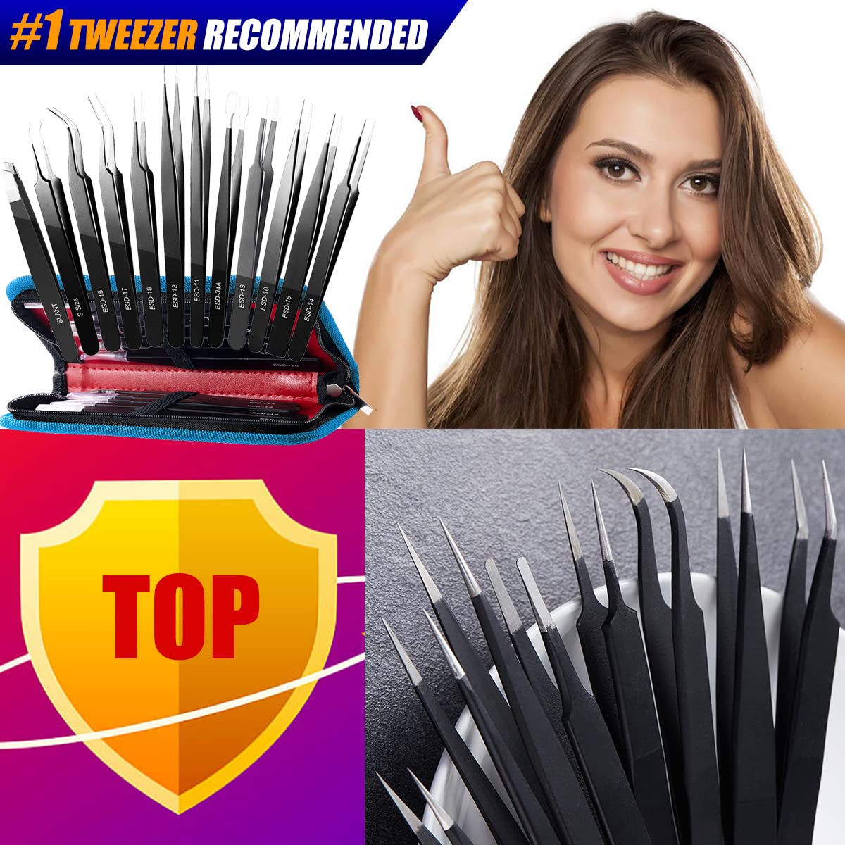 Antonki 12 Pack Precision Tweezers Set, Point and Slant Metal Tweezer Kits for Craft, Soldering, Jewelry, Ingrown Hair, Eyelash Extension, Eyebrow - with Case