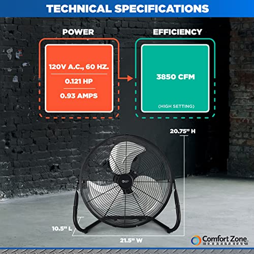 Comfort Zone CZHV18BK 18” 3-Speed High-Velocity Cradle/Floor Fan with 180-Degree Adjustable Tilt, Convenient Carry Handle, and Rubber Feet for Stability, Black