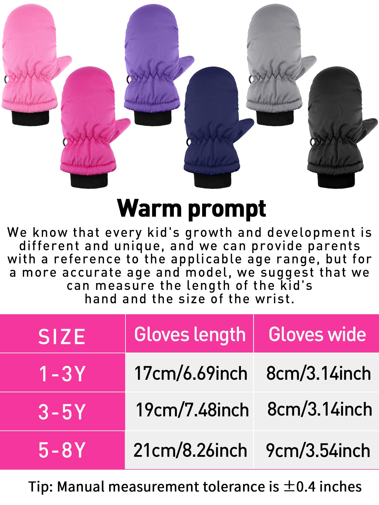 6 Pairs Waterproof Gloves Kids Winter Snow Mittens Windproof Ski Gloves for Weather Children Outdoor Activities (Solid Colors,5-8 Years)