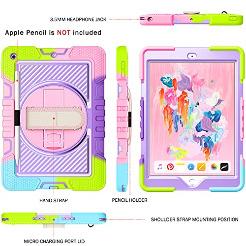 Hocase for iPad 9th/8th/7th Generation Case 10.2", with Pencil Holder/360 Rotation Stand/Hand Strap, Heavy Duty Shockproof Rugged Soft Silicone Hard Protective Case for Kids, Girls & Women - Rainbow