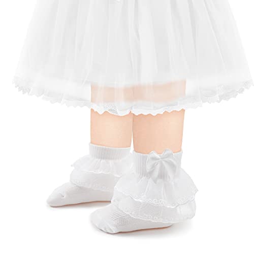 CozyWay Toddler Socks Lace Ruffle Baby Girl Socks Frilly Eyelet Trim Ankle Dress Socks 0-6 Months Multi Color - 3 Pack
