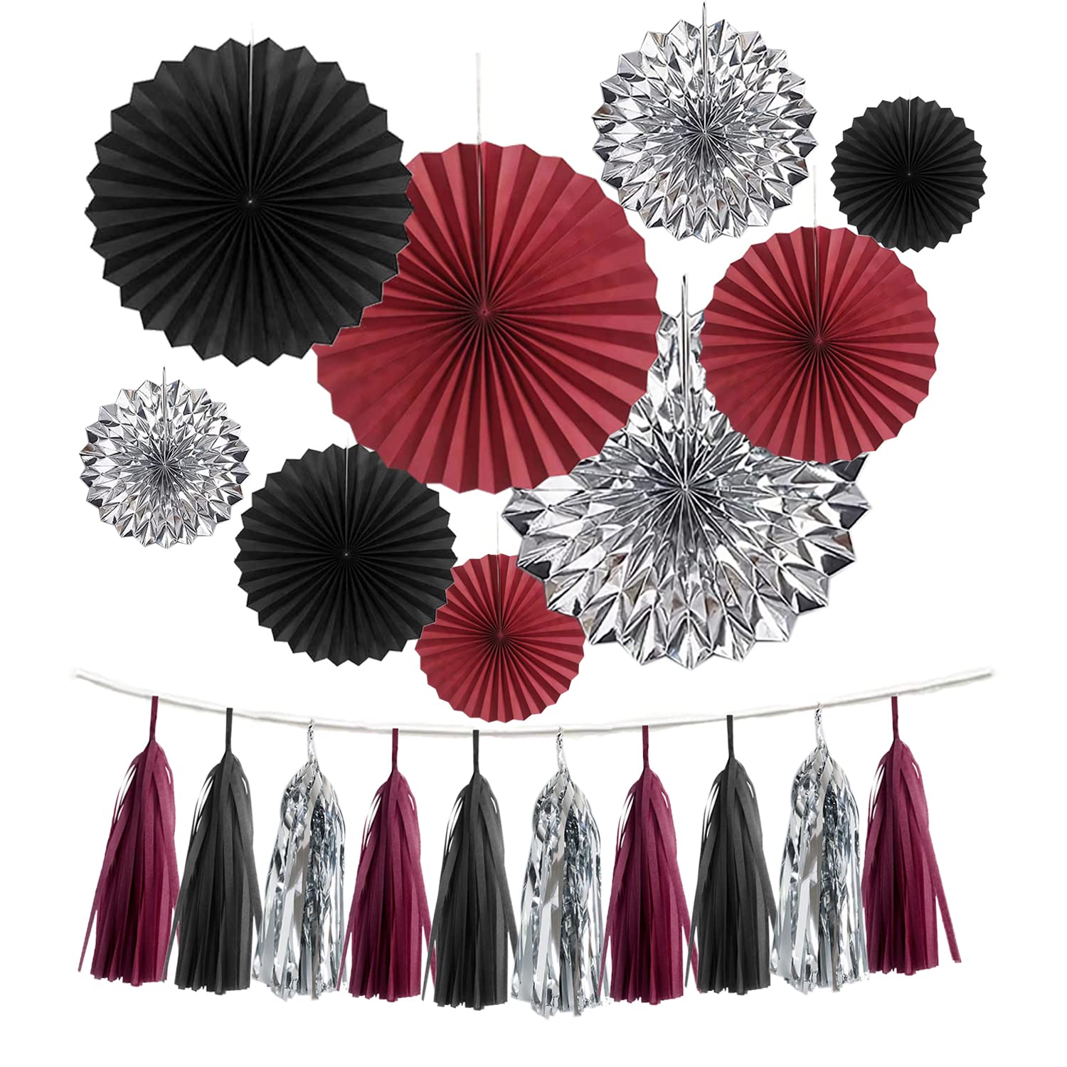 24PCS Maroon Decorations Burgundy Black Silver Party Paper Streamers Tassel Banner Garland Paper Flower Fans Wall Hanging Backdrop Graduation Birthday Bridal Shower Wedding Décor