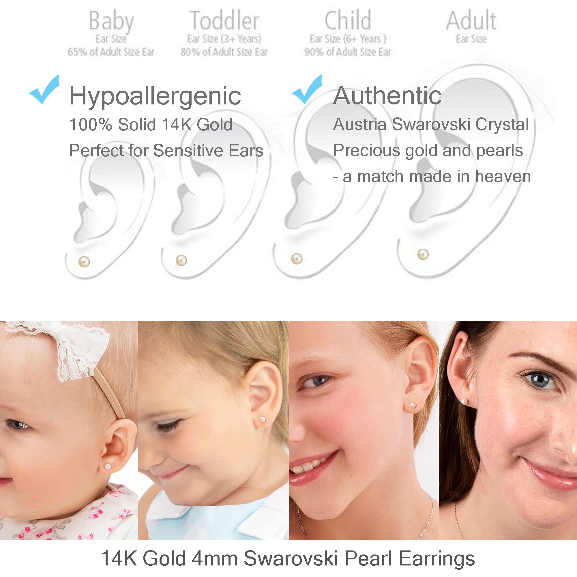 14K Solid Yellow Gold 4mm Small Tiny Swarovski Crystal White Pearl Stud Short Post Earrings for Girl Women