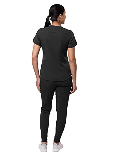 Adar Pro Modern Athletic Scrub Set for Women - Modern V-Neck Scrub Top & Yoga Jogger Scrub Pants - P9500 - Black - M