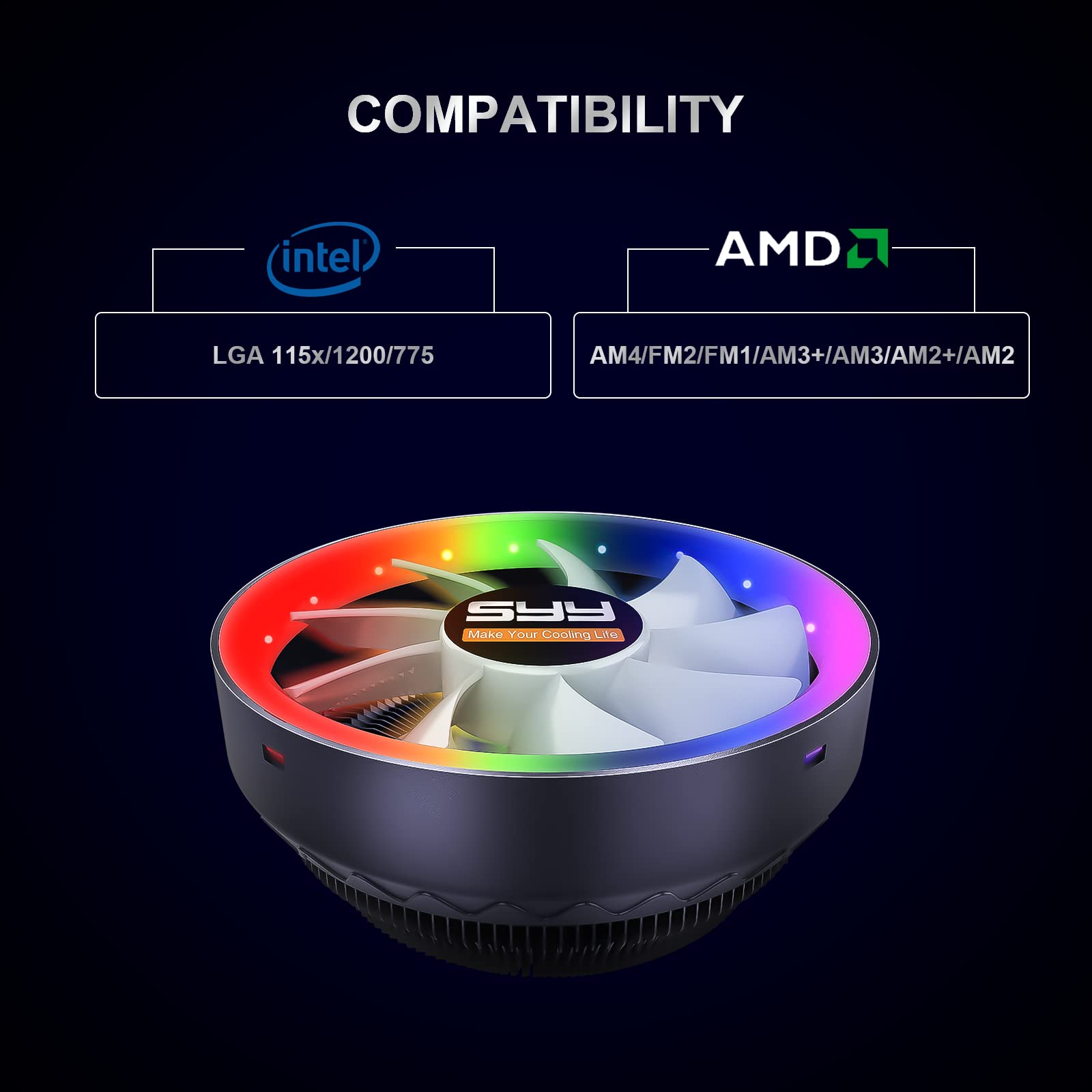 CPU Cooler, SYY 120MM RGB CPU Fan with 16.8 Million Colors 15 Addressable LED, Hydraulic Bearing, Quiet PC Cooler for Intel AMD Universal Socket