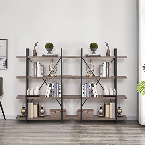 IBF Solid Wood Bookshelf, 4 Tier Natural Real Wood Bookcase, Modern Rustic Industrial Open Book Shelf, Tall Farmhouse Wooden Etagere Bookcase for Office Living Room Bedroom, Distressed Grey and Black