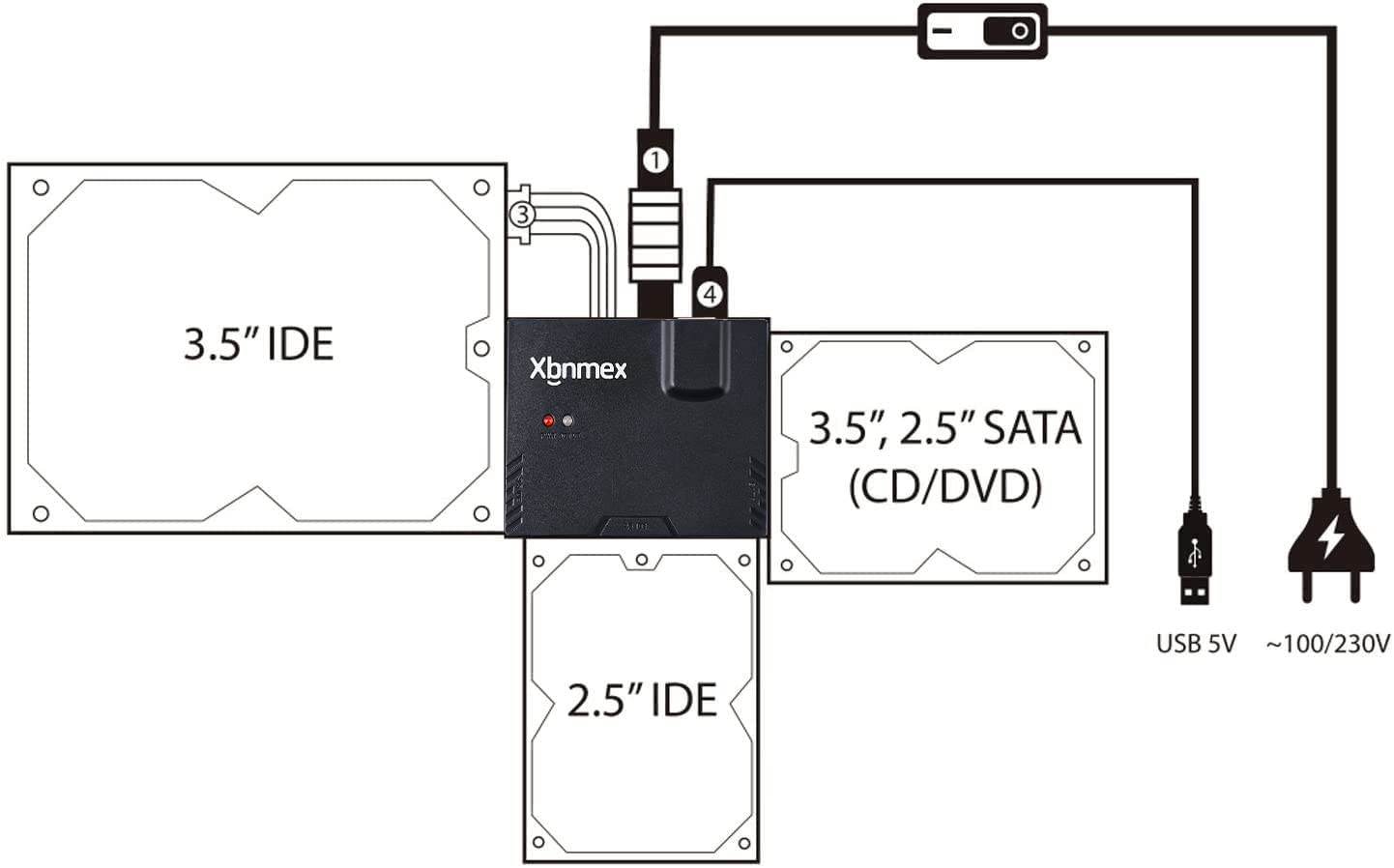 Xbnmex IDE SATA to USB 2.0 Cable Hard Drive Reader IDE SATA PATA USB 2.0 for Hard Drive Disk HDD 2.5" 3.5" with External AC Power Adapter(Black)