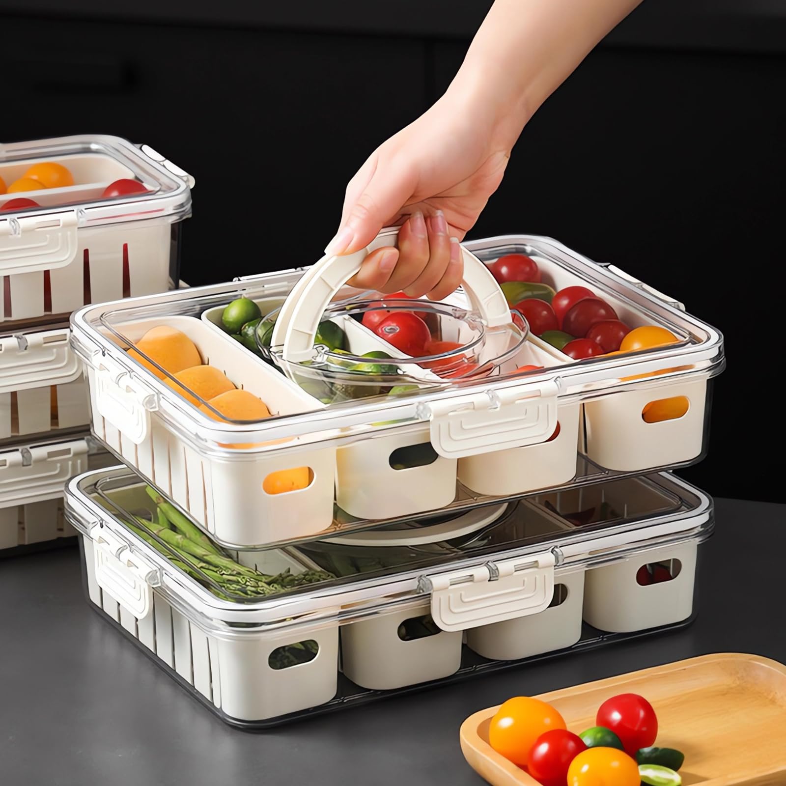 1PC Extra Large Fruit Storage Containers for Fridge - Portable Picnic Parties Snackle Box Veggie Tray - Divided Serving Tray with Lid and Handle - Berry Candy Food Snack Organizer Travel - 1PC