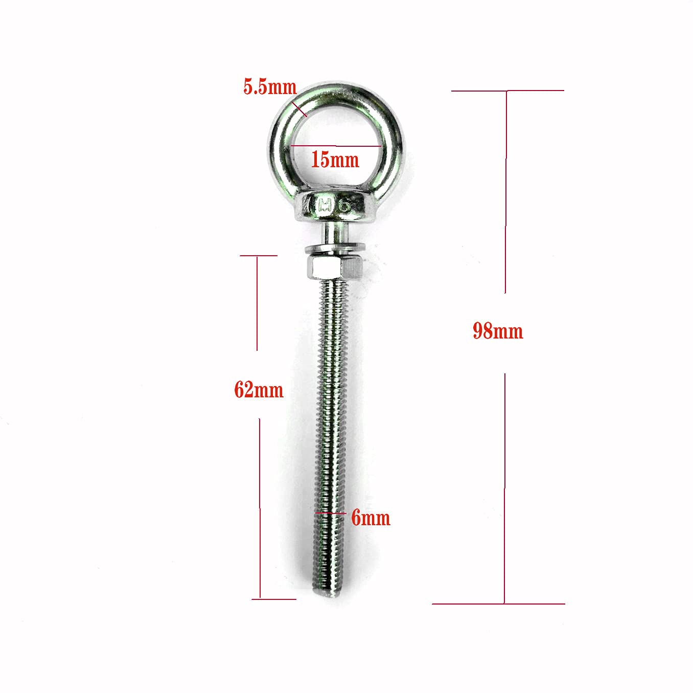 JY-Marnie M6 Lifting Shoulder Eye Bolt Long Shanks Stainless Steel Marine Bolts 6mmx98mm Heavy Duty Eyebolts,4Pack