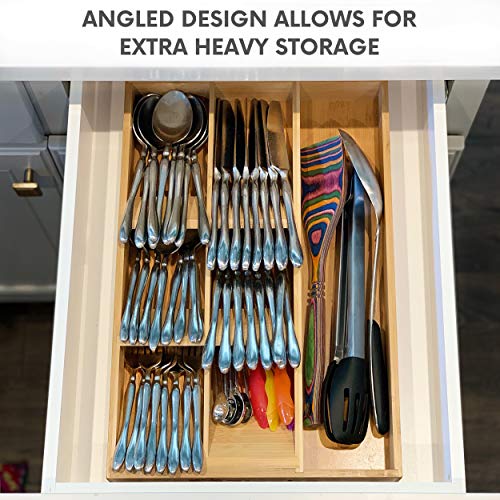 Compact Luxury Bamboo Silverware Organizer - 17" x 11.25" Bamboo Utensil Organizer for Silverware and Utensils - Compact Cutlery Organizer fits most Kitchen Drawers - Narrow Utensil Drawer Organizer