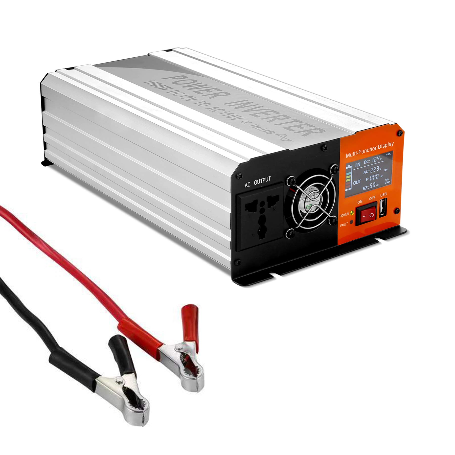 1000W LCD Display Pure Sine Wave Power Inverter DC 12V to AC 110V Converter with 2.1A Fast USB Charging Ports,Car Outlet Adapter Charger Plug Converter with Alligator Battery Clamp