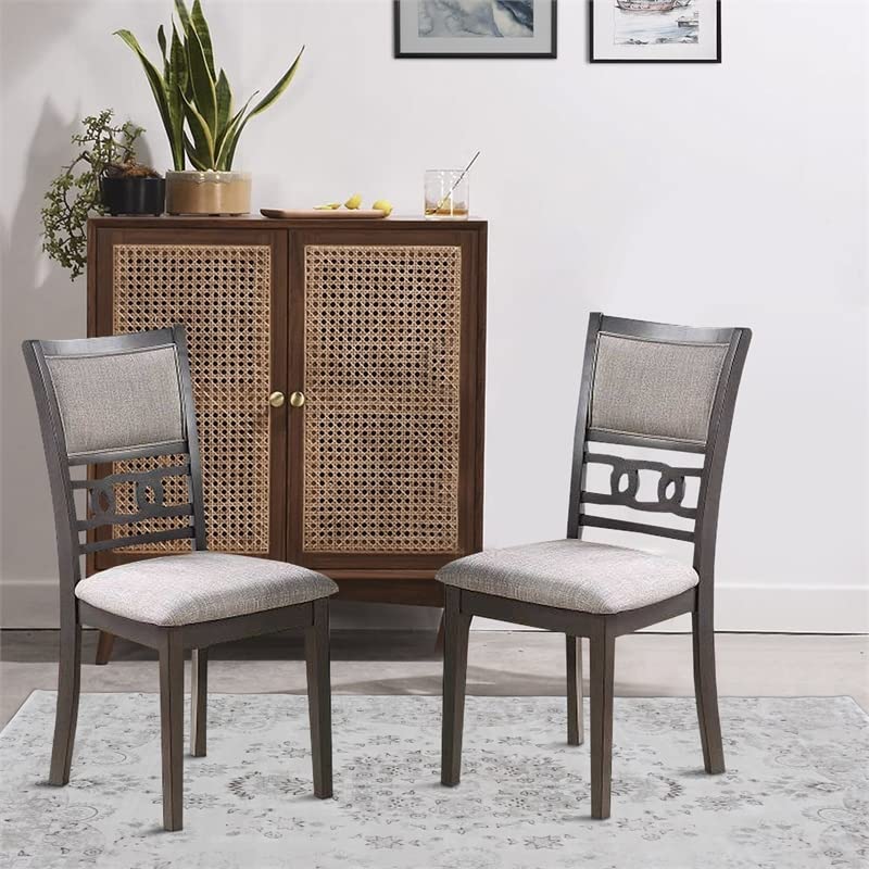 Benjara Fabric Upholstered Dining Chair with Knot Cut Out Back, Set of 2, Gray