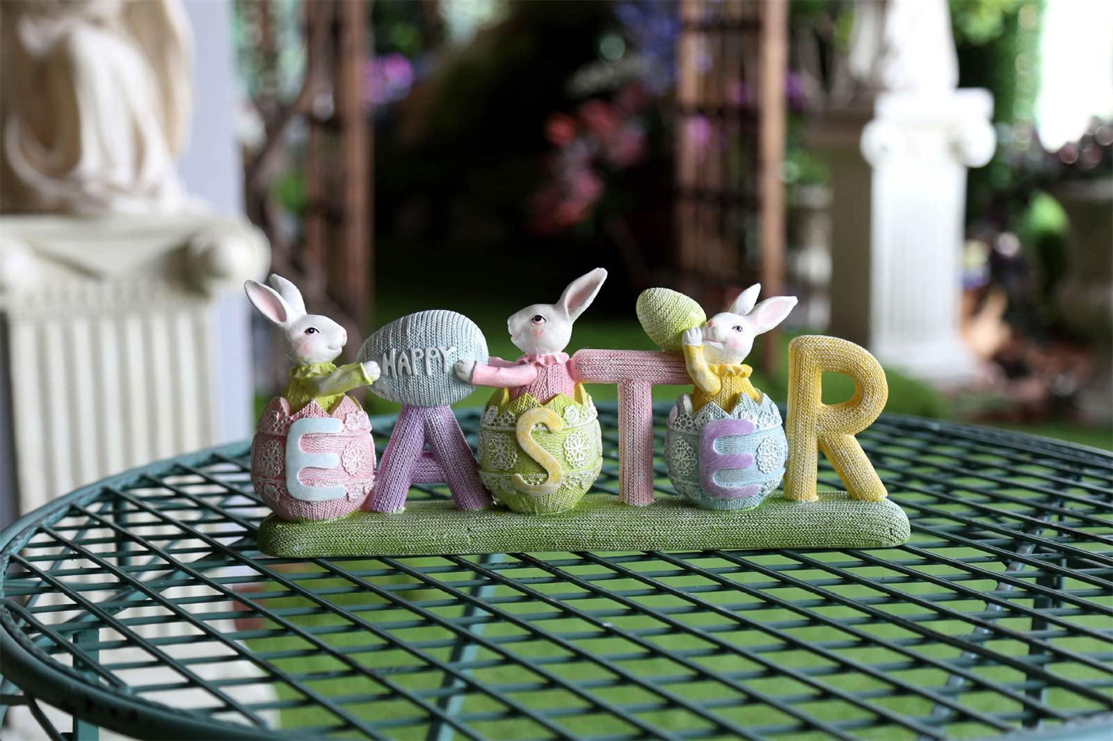 Abendedian Happy Easter Bunny Tabletop Decorations Resin Hand Painted Easter Eggs Bunny Figurines Ornament Garden Farmhouse Home Decor (13.4 * 2.4 * 5.5 inch, Style-B)
