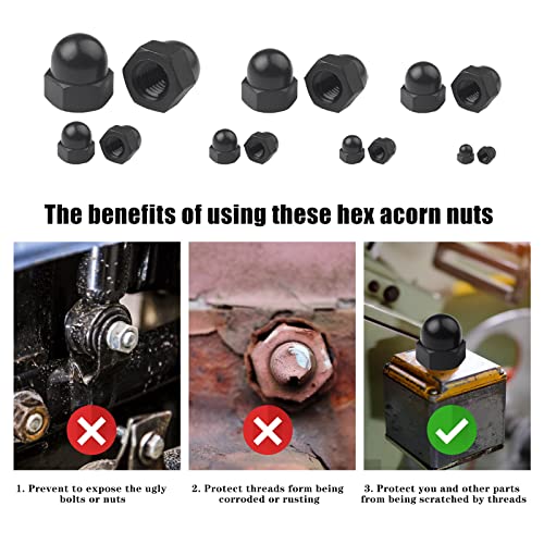 200Pcs Black Nylon Acorn Nut, 7 Sizes Hex Acorn Cap Nuts M3 M4 M5 M6 M8 M10 M12 Nylon Female Thread Bolt Cover Cap Dome Nuts for Protecting Hexagon Shaped Threads Rods Studs and Bolts