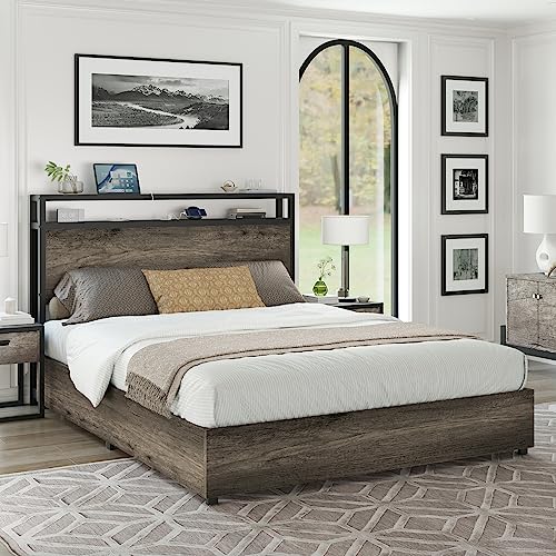 AMERLIFE Queen Size Storage Bed Frame, Wooden Platform Bed with Charging Station, 4 Drawers & Headboard/No Box Spring Needed/Noise-Free/Rustic Grey