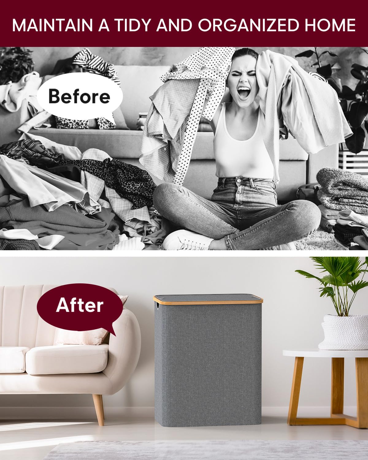 150L Double Laundry Hamper with Lid - CHAMUTY Dirty Clothes Hamper, Collapsible Laundry Baskets, Tall and Slim Design, Perfect for Dorm and Bedroom Use (Grey)