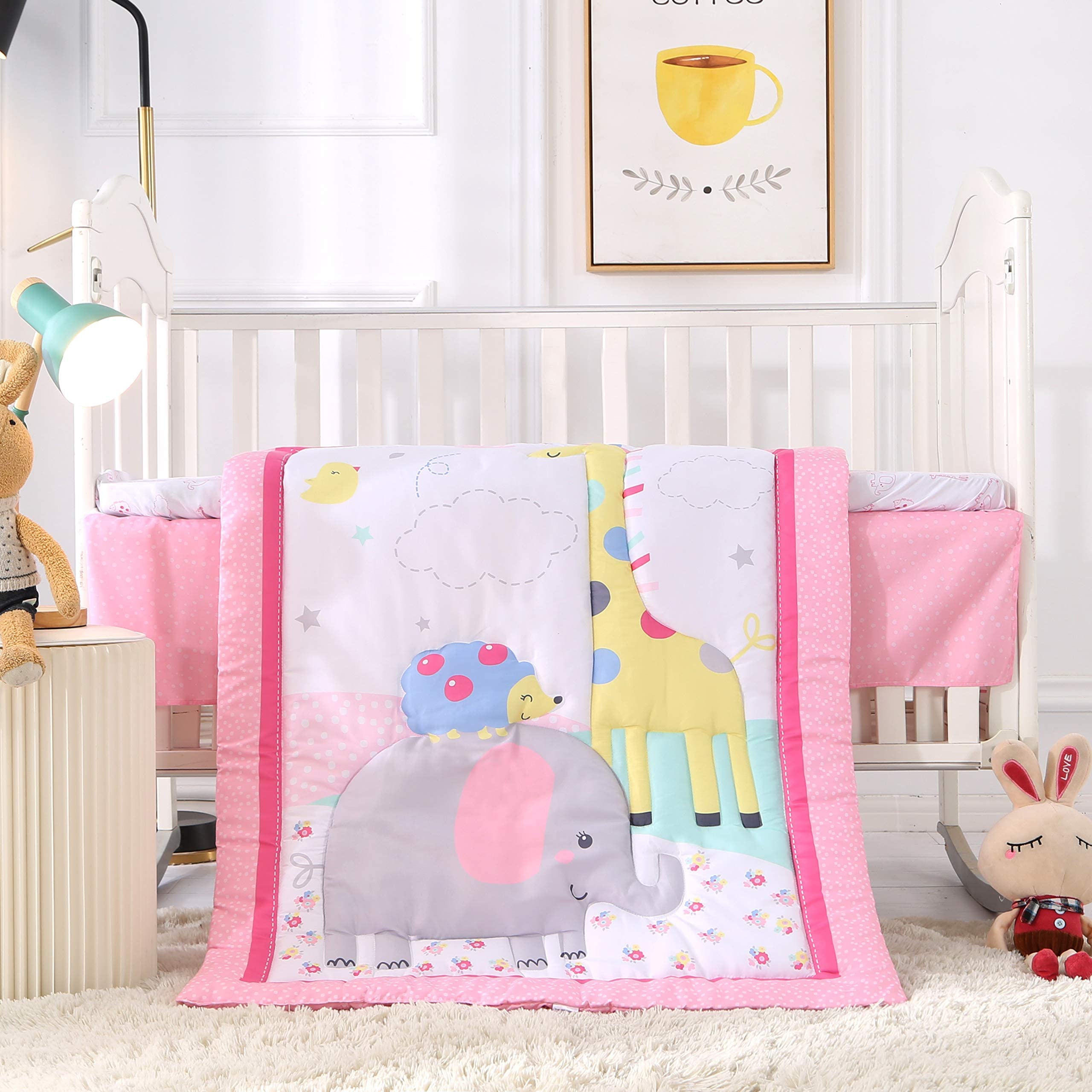 VIVILINEN Pink Elephant Crib Bedding Set for Girls 3 Pieces Giraffe Hedgehog Animals Infant Nursery Baby Crib Comforter Set with Crib Bed Blanket Quilt Fitted Sheet Skirt Set
