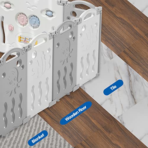 Albott Baby Playpen, Upgraded 18 Panels Foldable Baby Fence with Game Panel and Safety Gate, Adjustable Shape, Portable Baby Play Yards for Children Toddlers Indoors or Outdoors (Grey+White, 18 Panel)