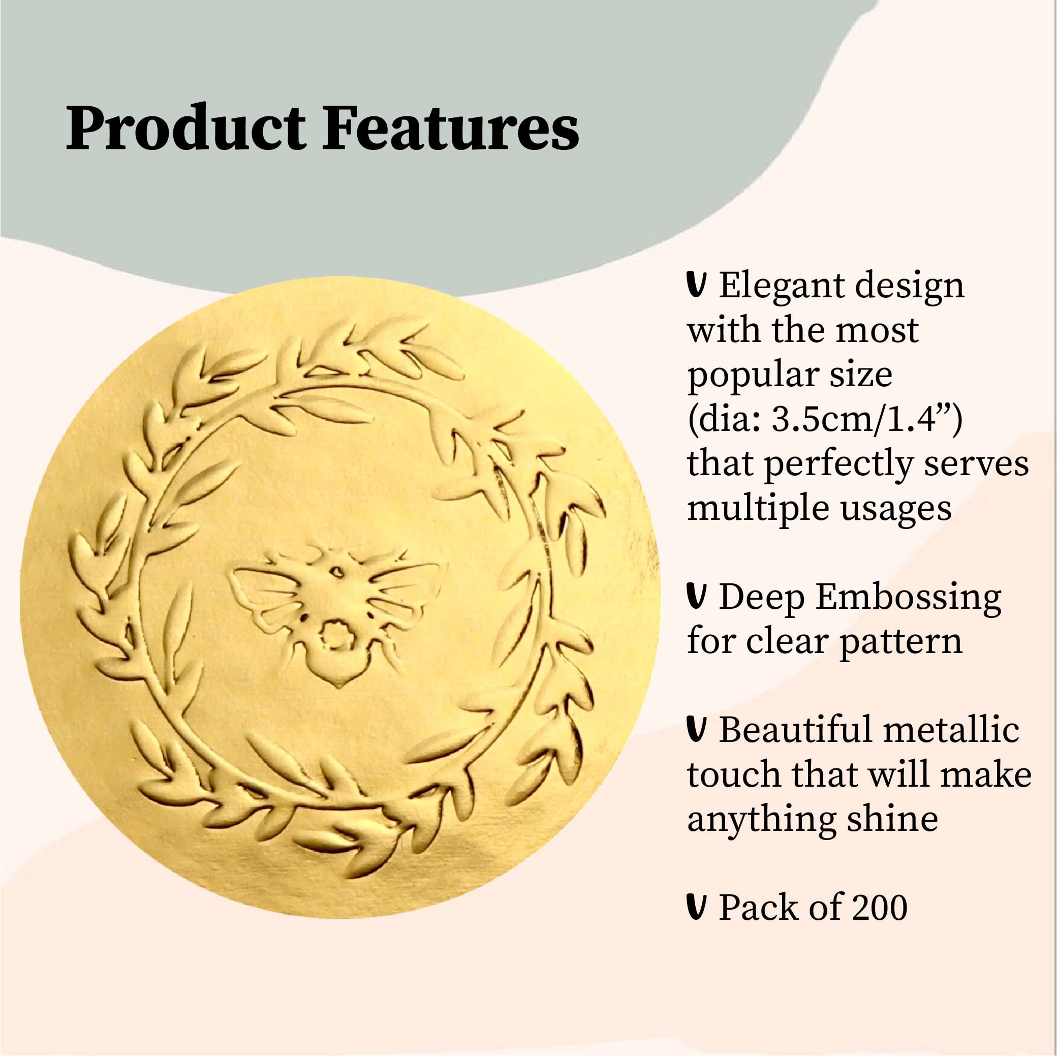 200 Count 1.4" Round Embossed Gold Foil Envelope Seals Stickers for Wedding Invitations, Greeting Cards, Gift Packaging/Self-Adhesive (French Bee)