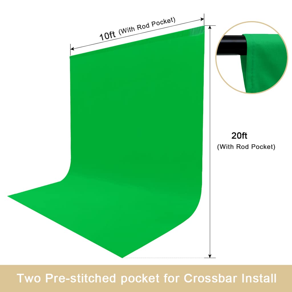 10X20ft Large Green Screen Backdrop for Photography, LCUIRC Two Rod Pocket Chromakey Collapsible Green Polyester Curtain with 4 Clamps for Photography, Zoom Meeting and Game Live Steaming