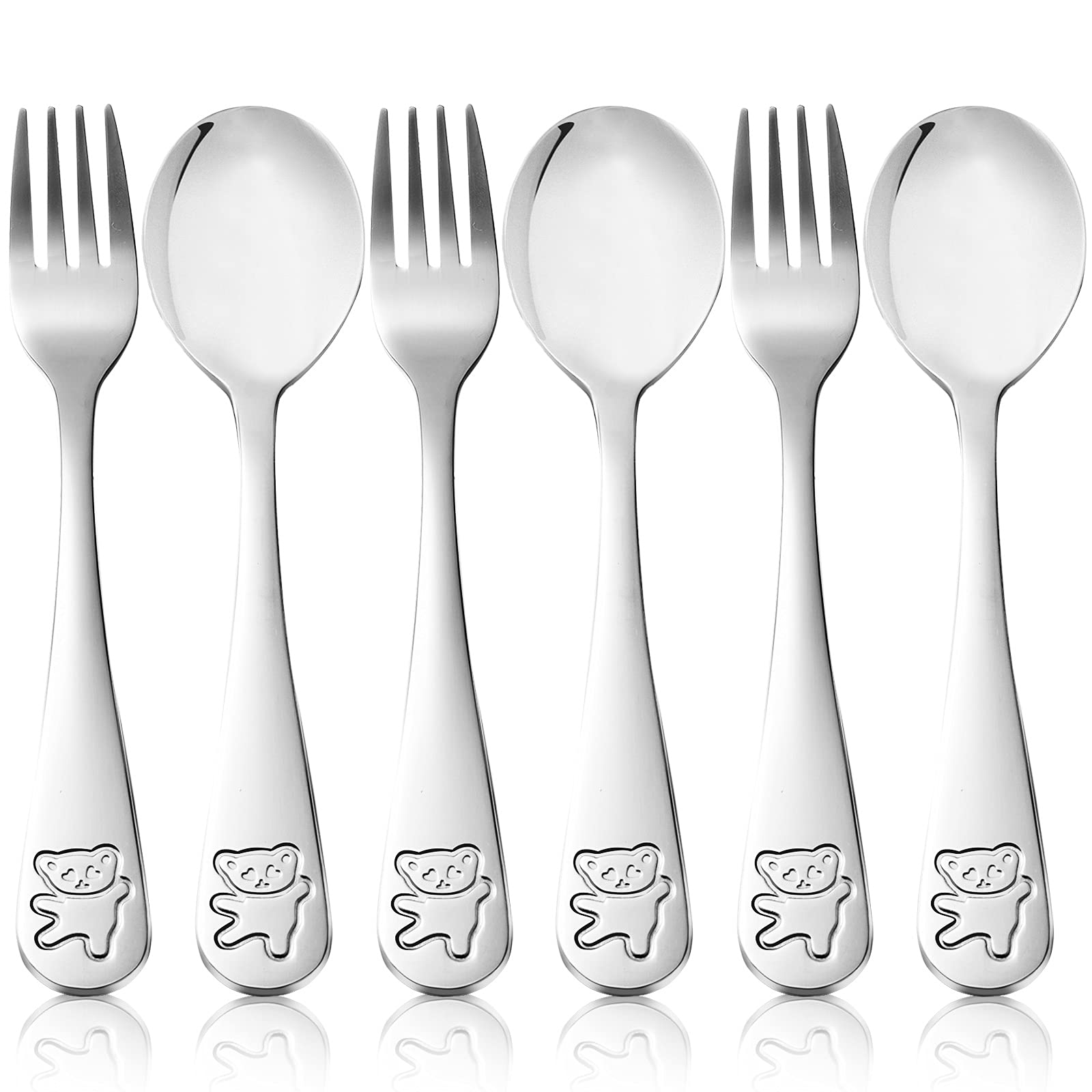 6 Pieces Stainless Steel Kids Flatware, Mirror Polished Child Toddler Silverware Little Bear Spoon and Fork Set, 3 x Safe Forks,3 x Children Tablespoons for Lunch Box