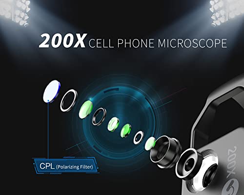 200X Phone Mini Pocket Microscope, with LED Light/Universal Clip, Portable Digital Microscope Camera Lens Attachments for Smartphone, Open up The microworld for Kids Adults (Black with CPL)