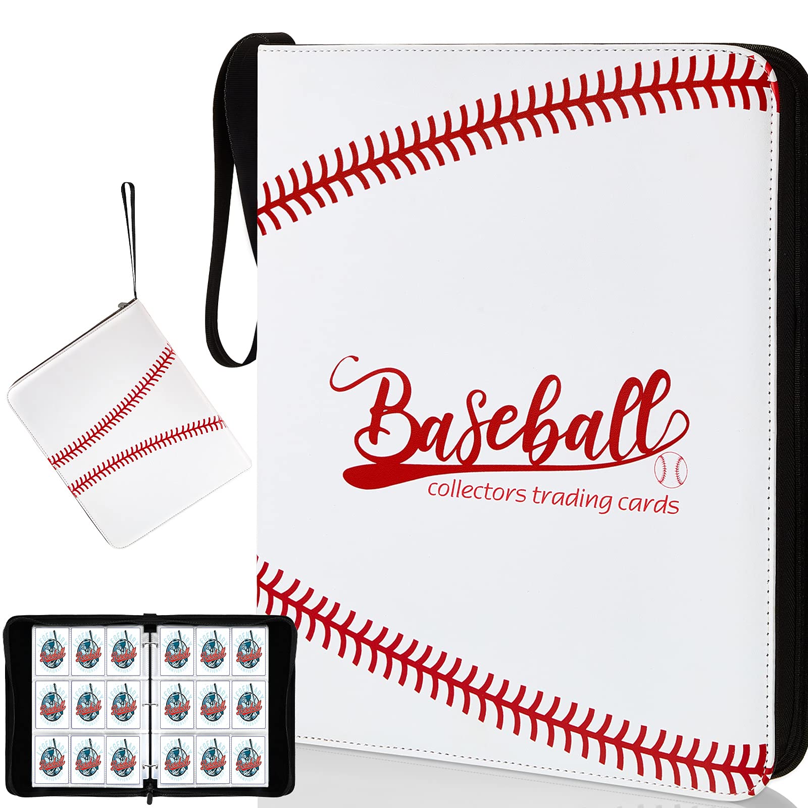 720 Pockets Baseball Card Binder PU Leather Baseball Card Holder Trading Card Binder White Card Binder with Zipper 3 D-Ring Card Album with 80 Sleeves for Football Baseball Card Collocation Storage