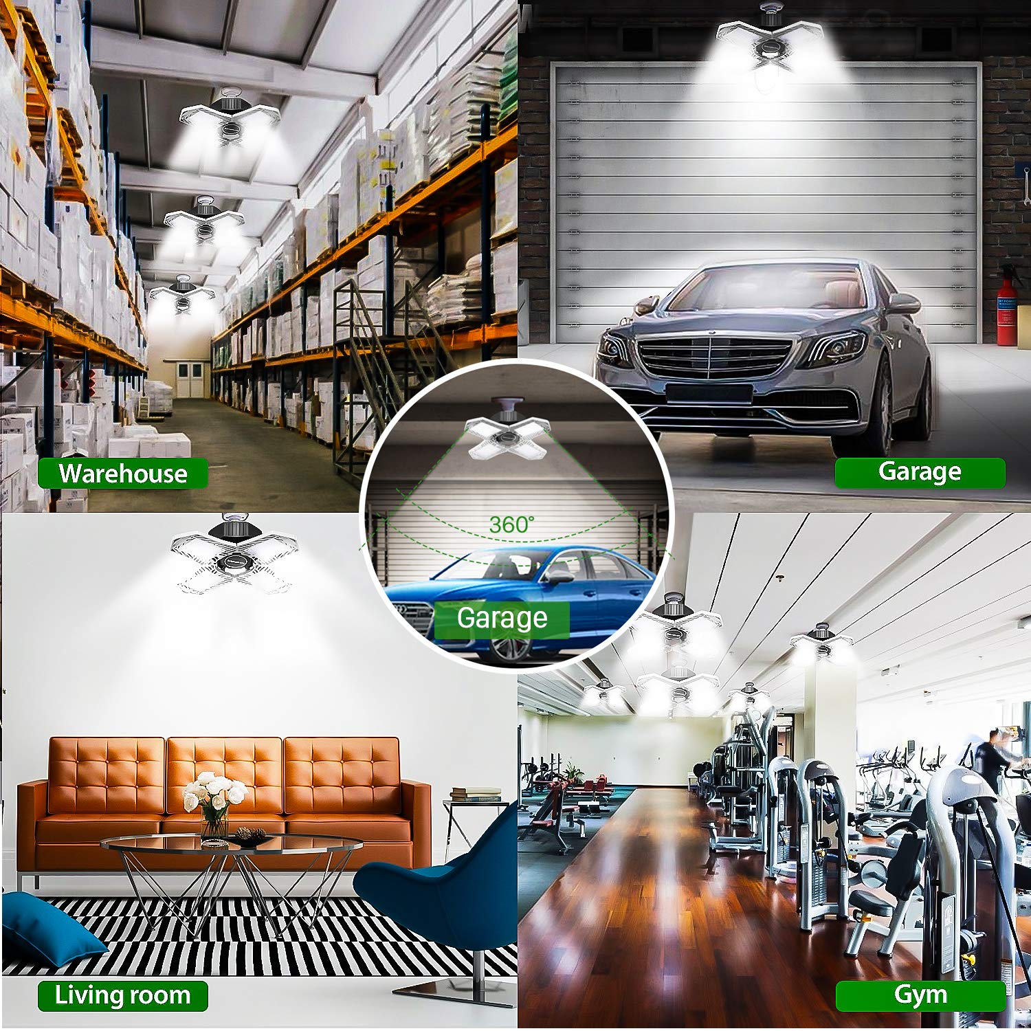 150W Garage Light, New Four Leaf Tribright Deformable LED Garage Light, 15000 Lumen Quadruple Glow LED Garage Lights, CRI 80, 6000K Retractable Garage Ceiling Light for Warehouse, Basement, Barn
