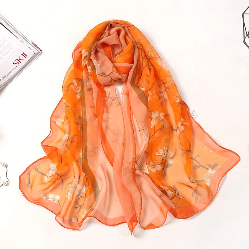 160 * 50cm Women Flower Print Long Soft Wrap Scarf Simulation Silk Shawl Scarves Large Silk Scarf (Orange, One Size)