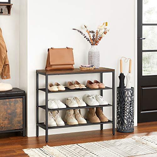 VASAGLE 4-Tier Shoe Rack, Freestanding Storage Organizer, Mesh Shelves, Space-Saving in the Entryway, Industrial, Rustic Brown + Black