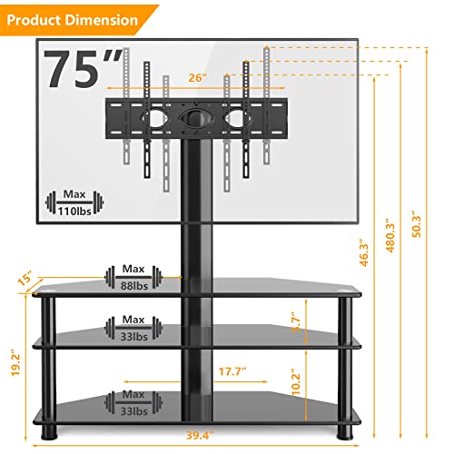 5Rcom Corner TV Stand,TV Stand with Mount with 3 Tier Tempered Glass Shelves for 32-75 Inch TVs, Max VESA 600X400mm, Television Stand