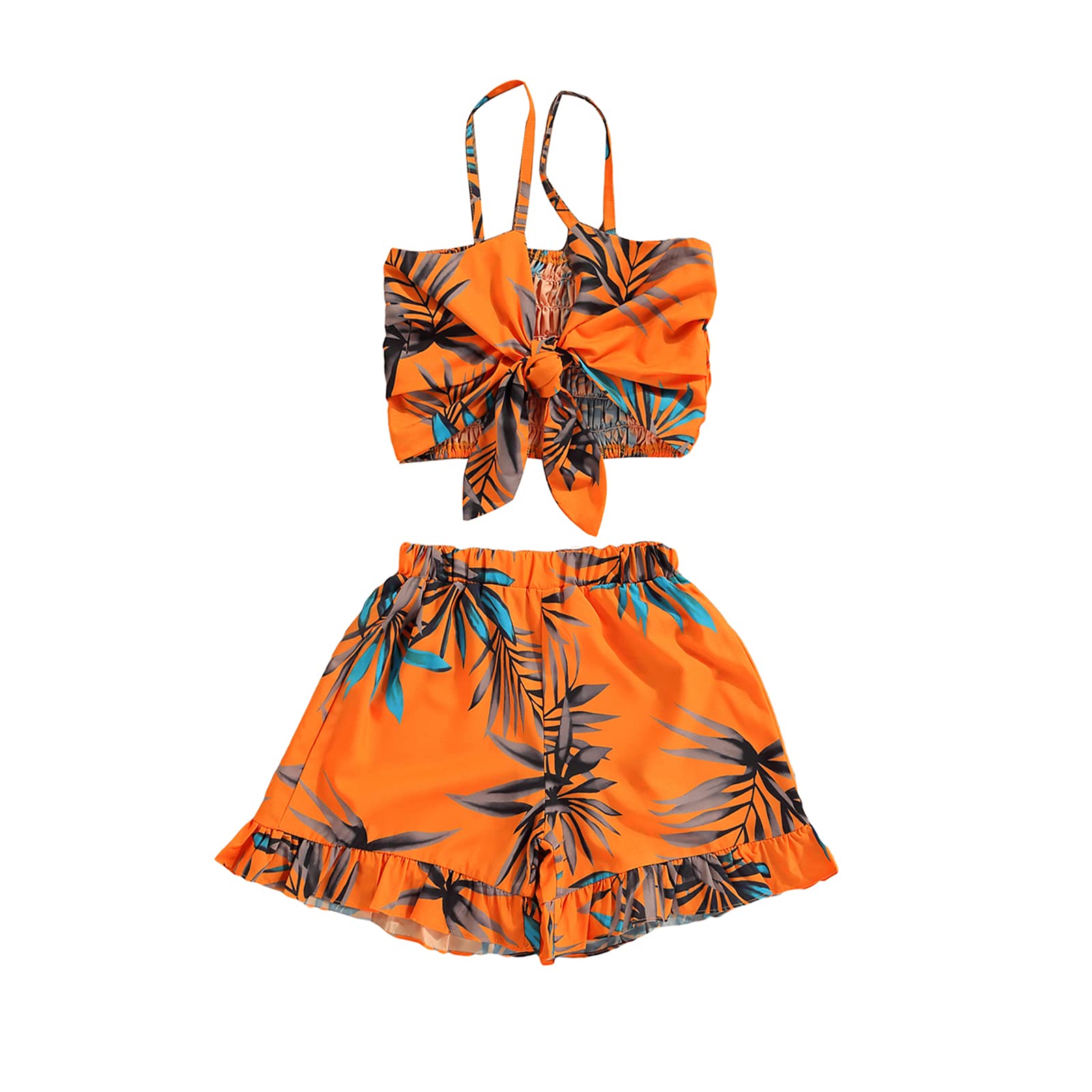 RSRZRCJ Kids Toddler Baby Girl Summer Outfits Strap Bow Cropped Tank Top Ruffle Palm Leaf Shorts Pants 2PCS Clothes Set (Orange+Leaf, 2-3T)
