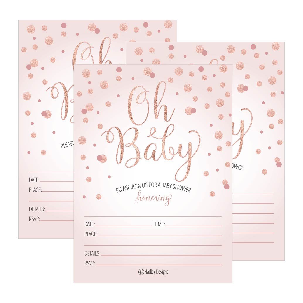 25 Blush Rose Gold Girl Oh Baby Shower Invitations, Cute Princess Printed Fill or Write In Blank Invite, Printable Shabby Chic Unique Custom Vintage Coed Twin Sprinkle Party Card Stock Paper Supplies